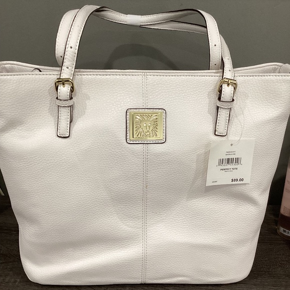 Anne Klein | Bags | Anne Klein Lion Logo Tote Bag Faux Leather White ...